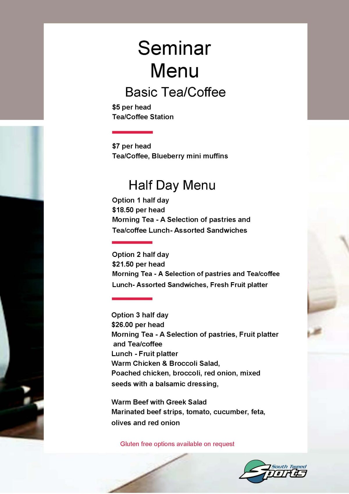 Functions Seminar Menu - South Tweed Sports