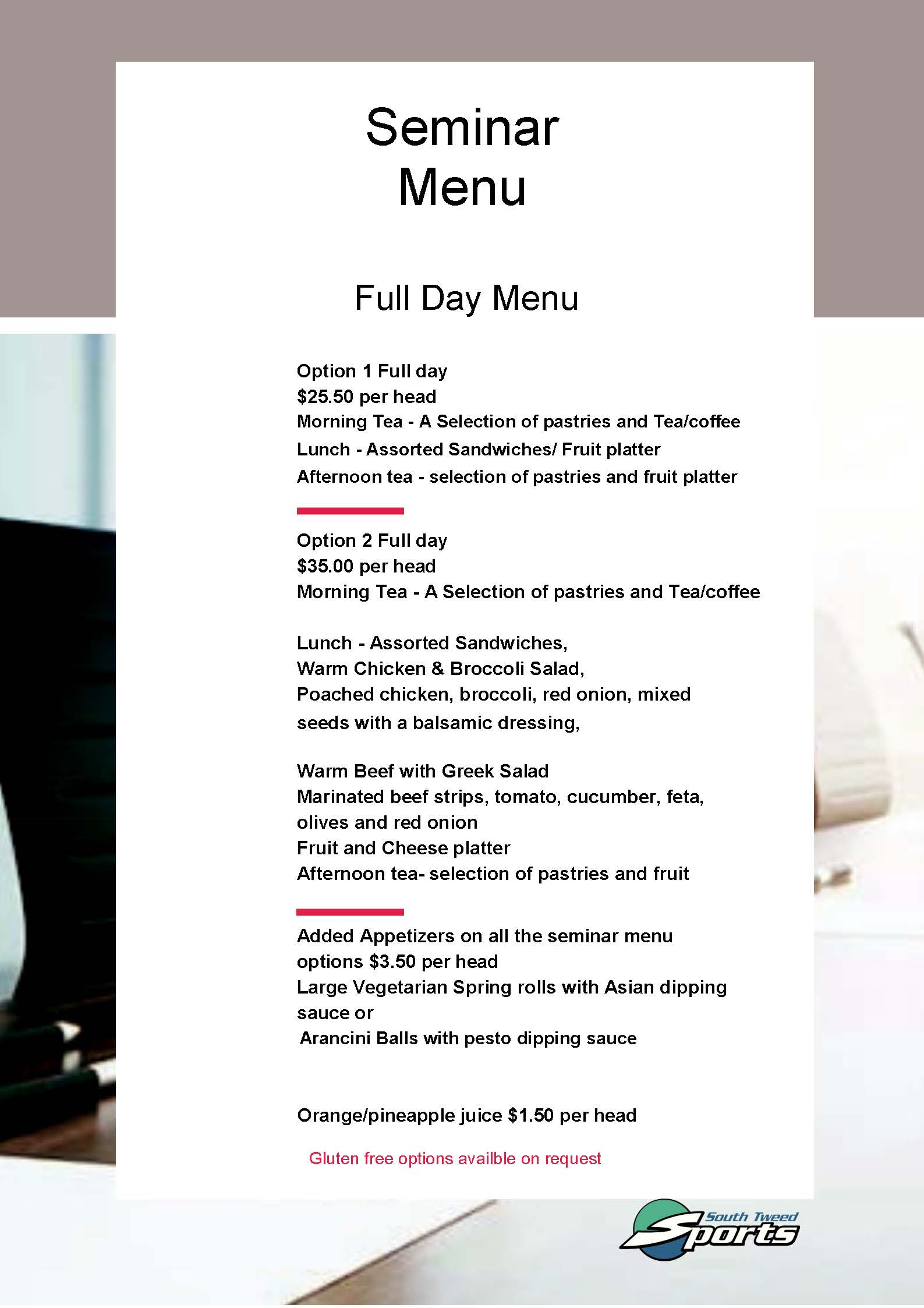 Functions Seminar Menu - South Tweed Sports